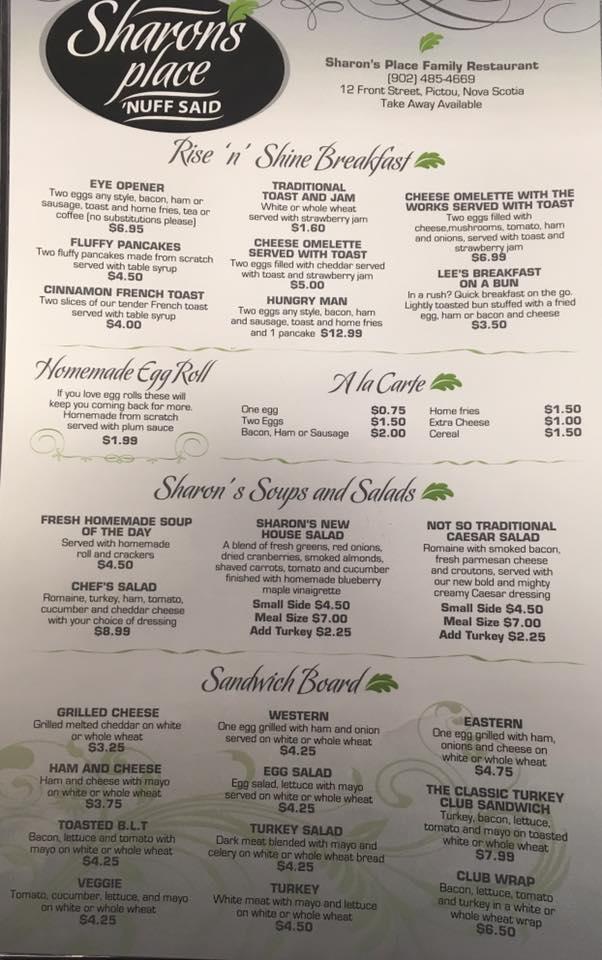 Menu at Sharon's Place restaurant, Pictou