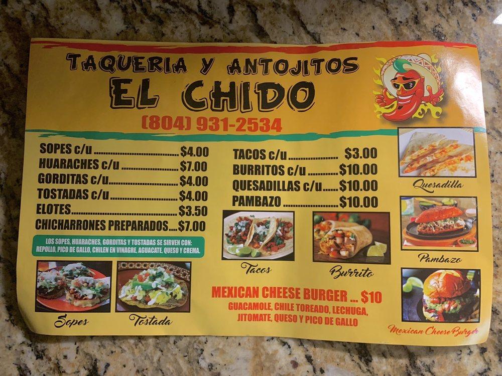 Menu at Taqueria Y Antojitos El Chido restaurant, Laurel, Staples Mill Rd
