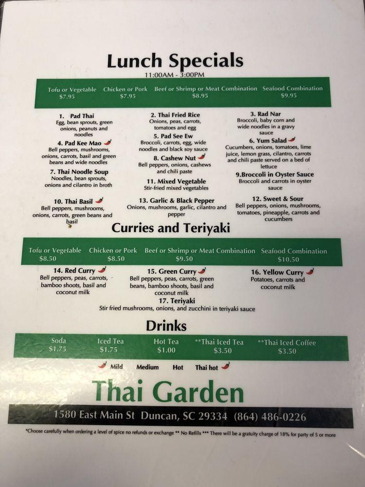 Menu at Thai Garden restaurant, Duncan