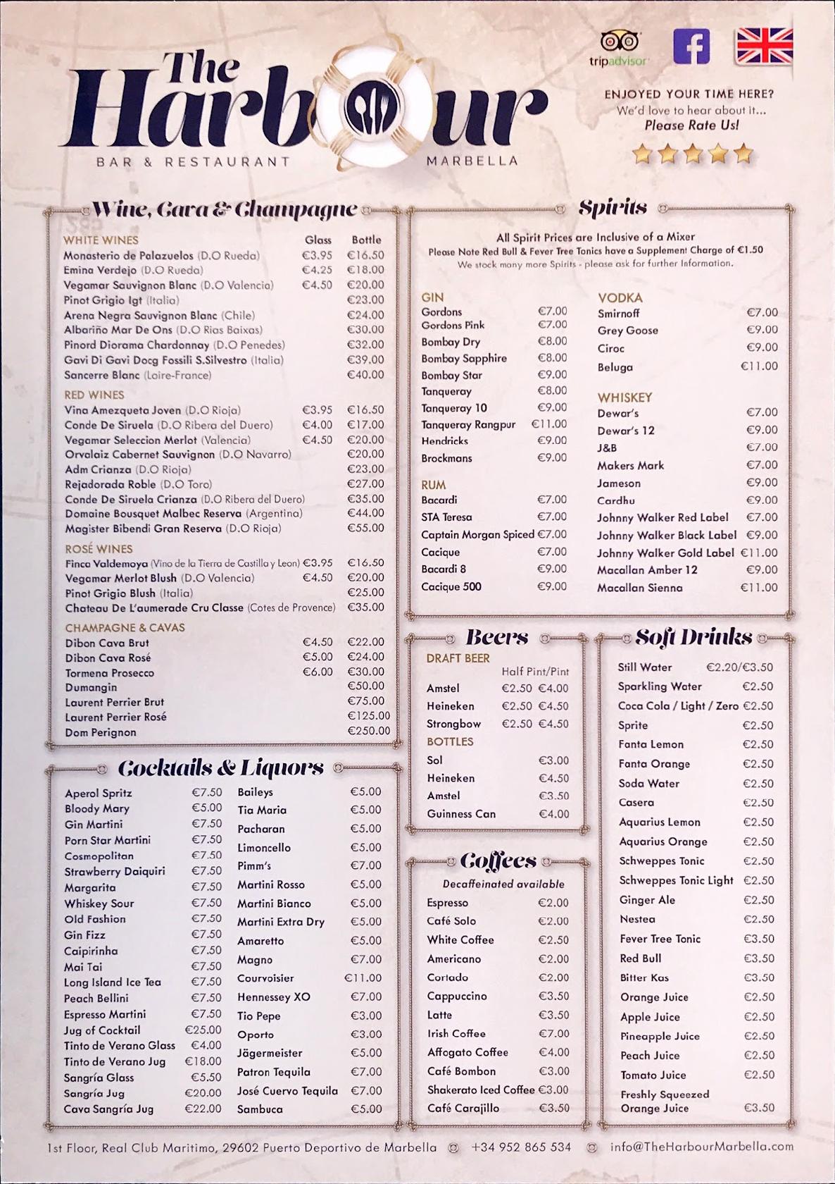 Carta de The Harbour Bar & Restaurant Marbella, Marbella
