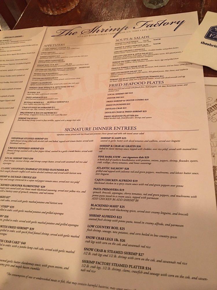Menu at The Shrimp Factory restaurant, Savannah