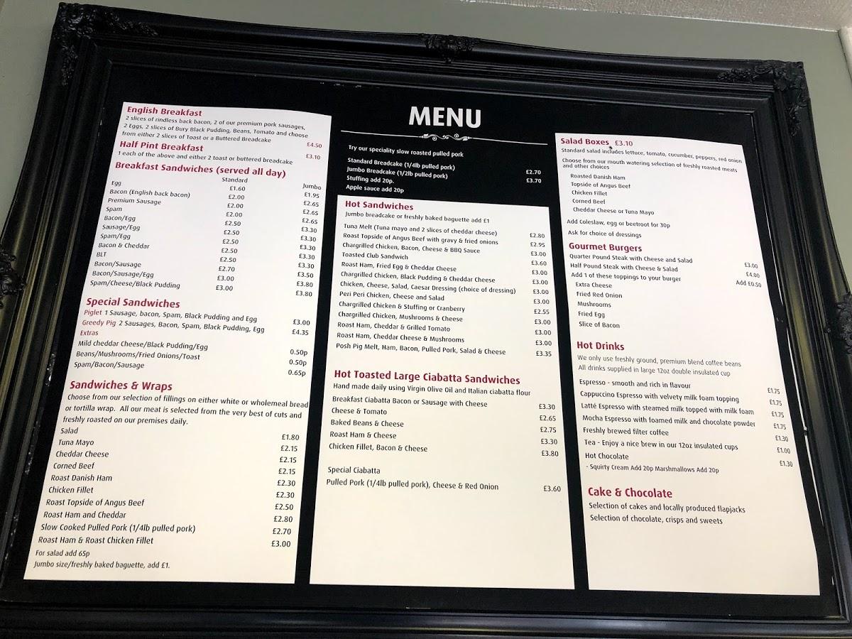 Menu at The Posh Pig cafe, Rochdale