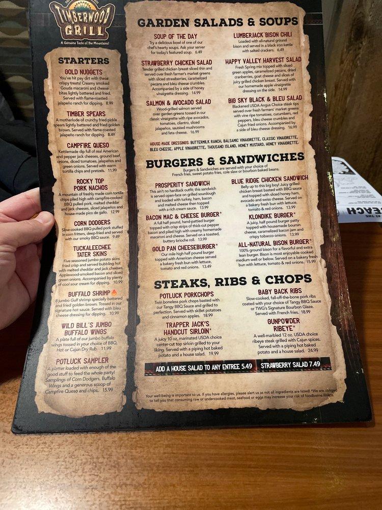 Menu at Timberwood Grill pub & bar, Pigeon Forge