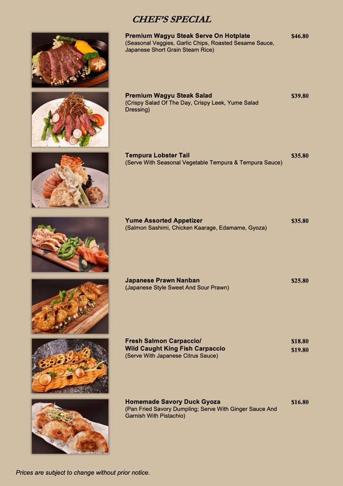 Menu at Yume Modern Japanese Restaurant, Erina
