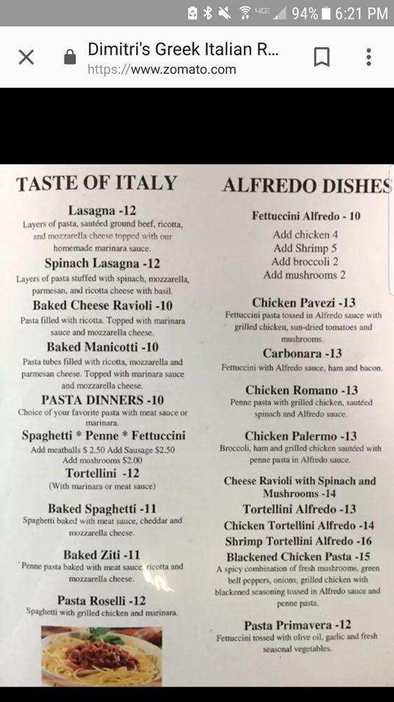 Menu at Dimitri's Greek Italian Restaurant, Greer