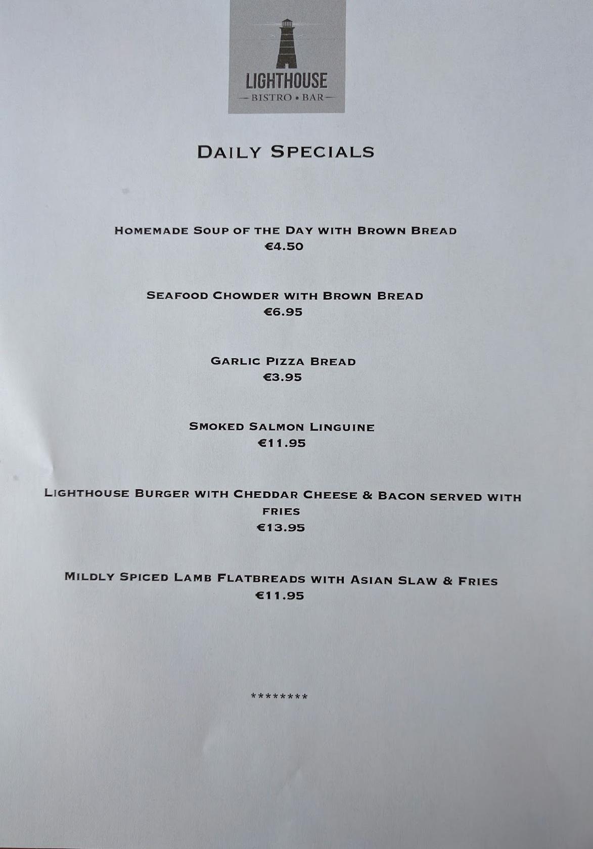 Menu at Lighthouse Bar & Restaurant Dunmore East, Dunmore East