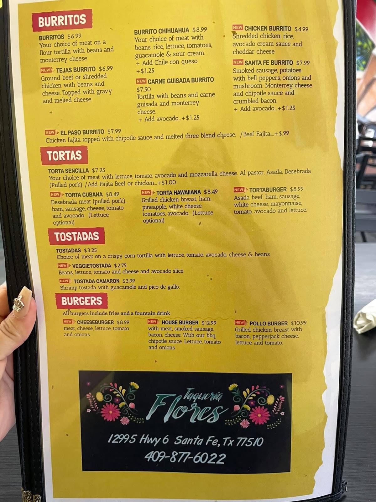 Menu at Taquería Flores restaurant, Santa Fe