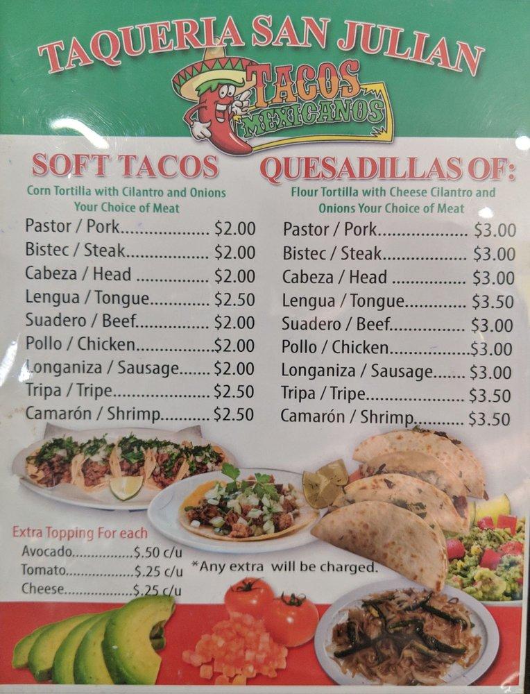 Menu at Taqueria San Julian restaurant, Fort Myers