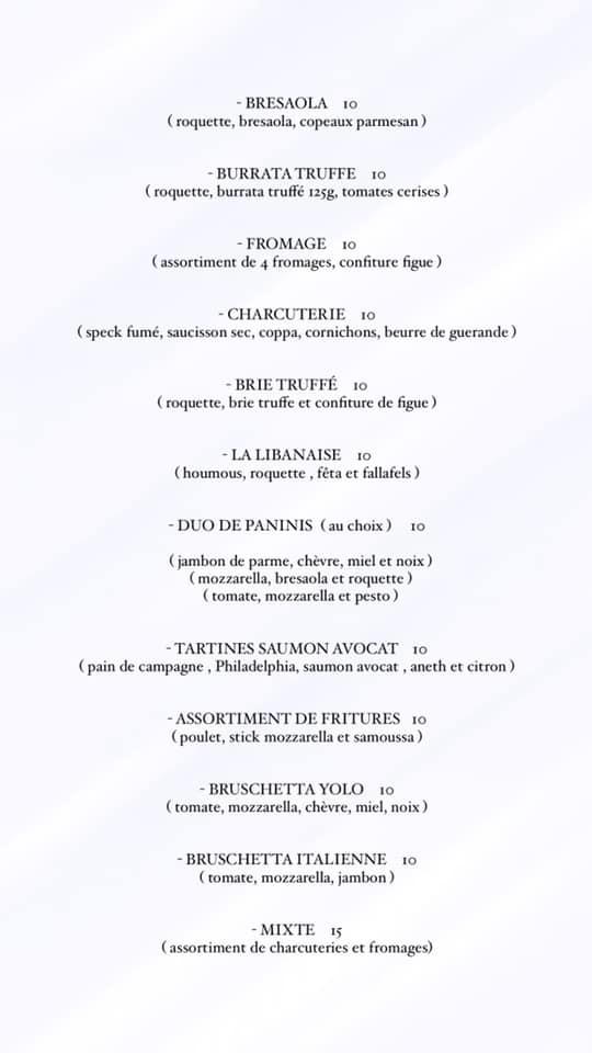 Menu au YOLO WINEBAR, Nice