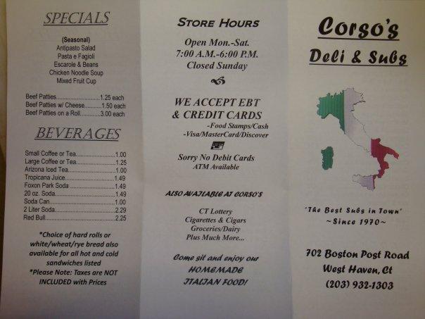 Menu at Corso's Deli restaurant, West Haven