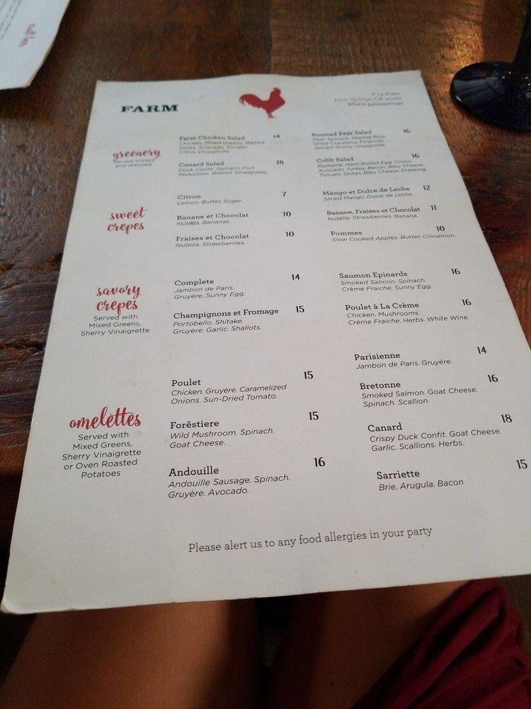 Menu at Farm restaurant, Palm Springs