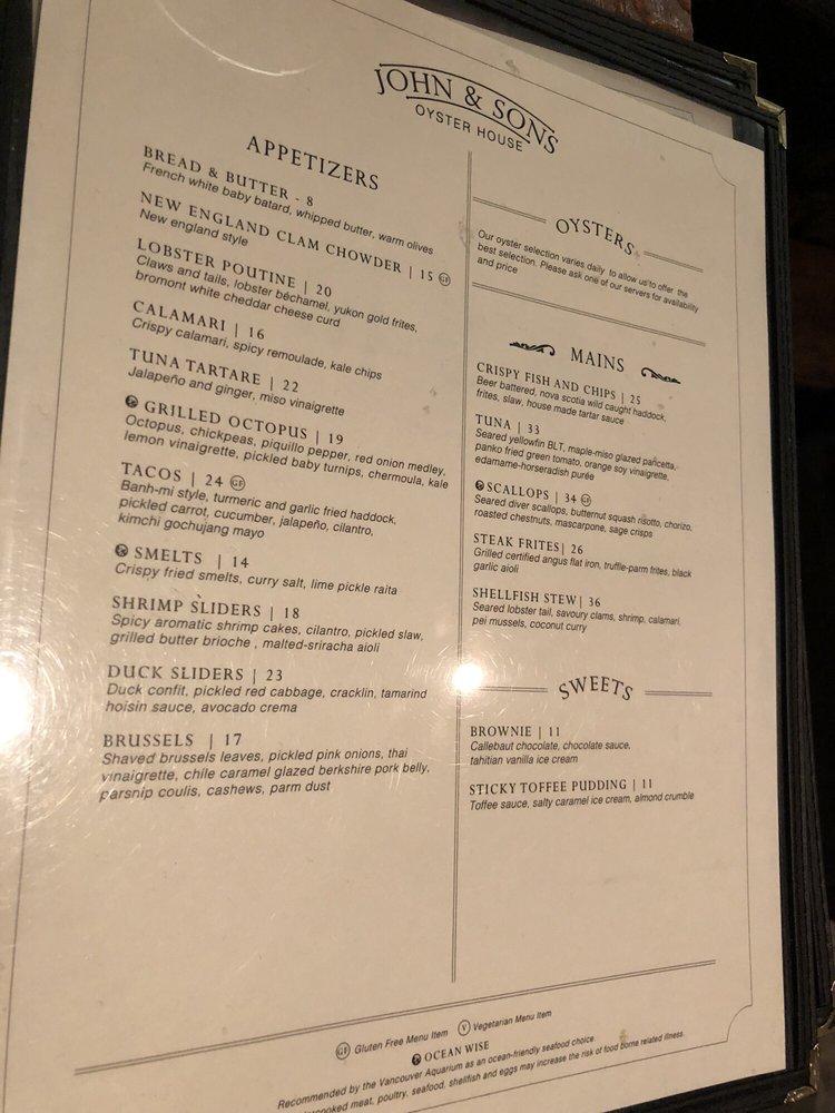 Menu at John & Sons Oyster House restaurant, Toronto, 56 Temperance St