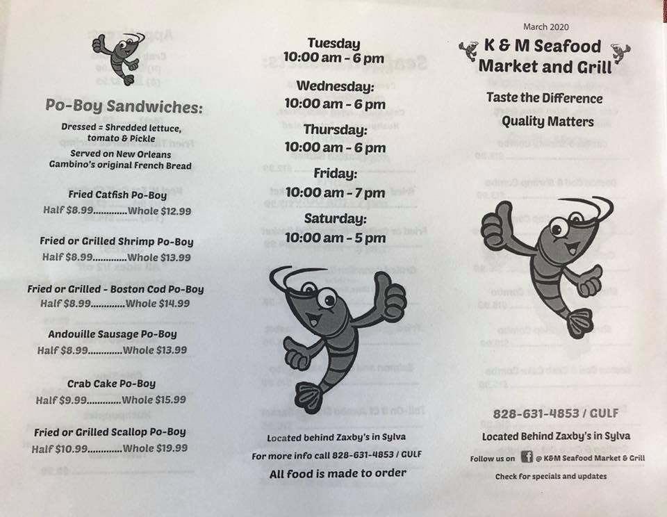 Menu at K & M Seafood Market and Grill restaurant, Sylva