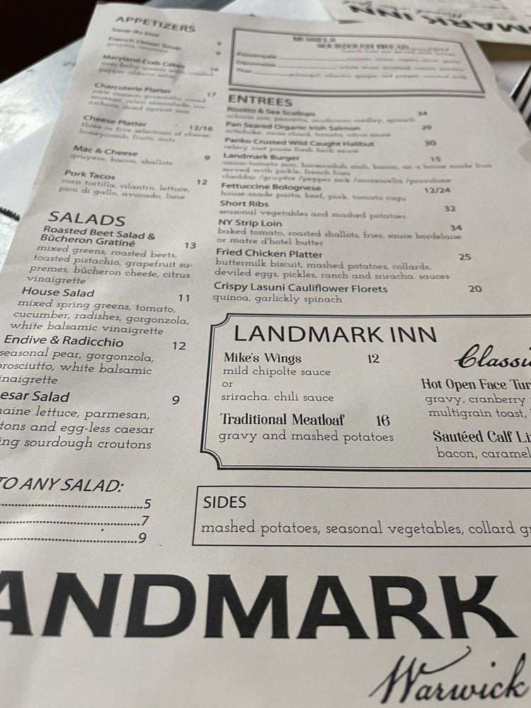 Menu at Landmark Inn restaurant, Warwick