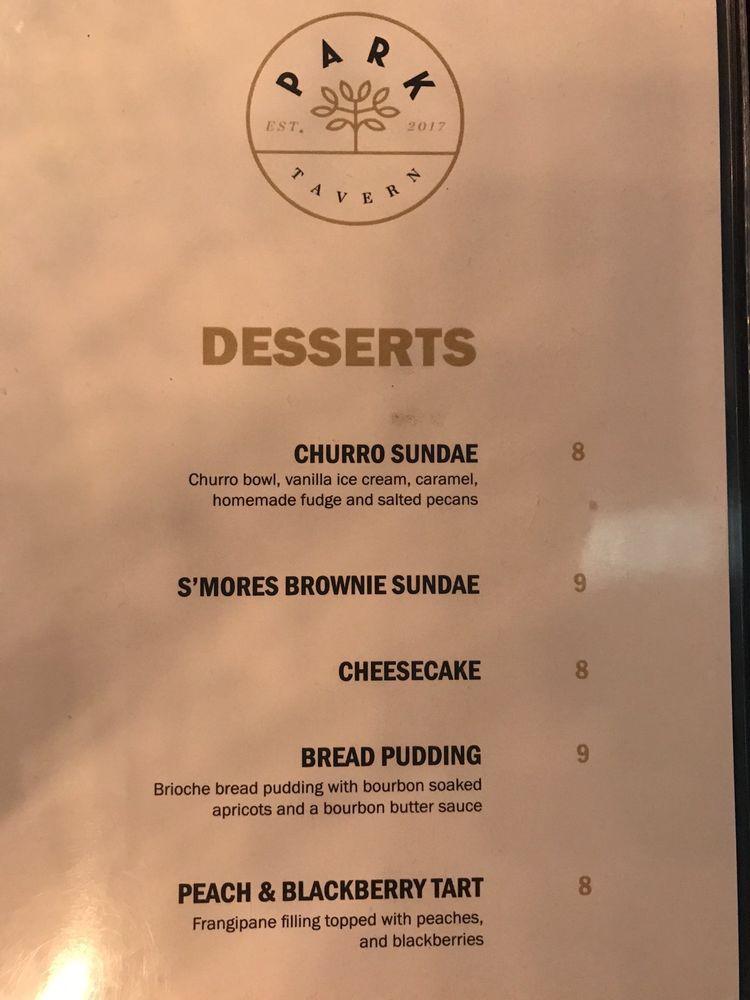 Menu at Park Tavern restaurant, El Paso