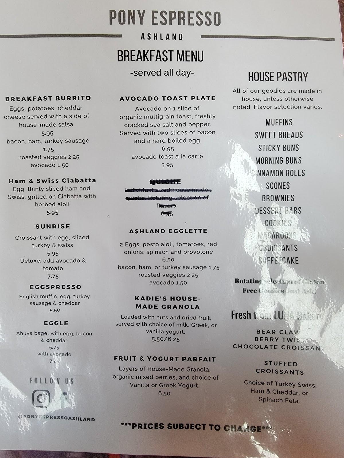 Menu at Pony Espresso Coffee House & Cafe, Ashland
