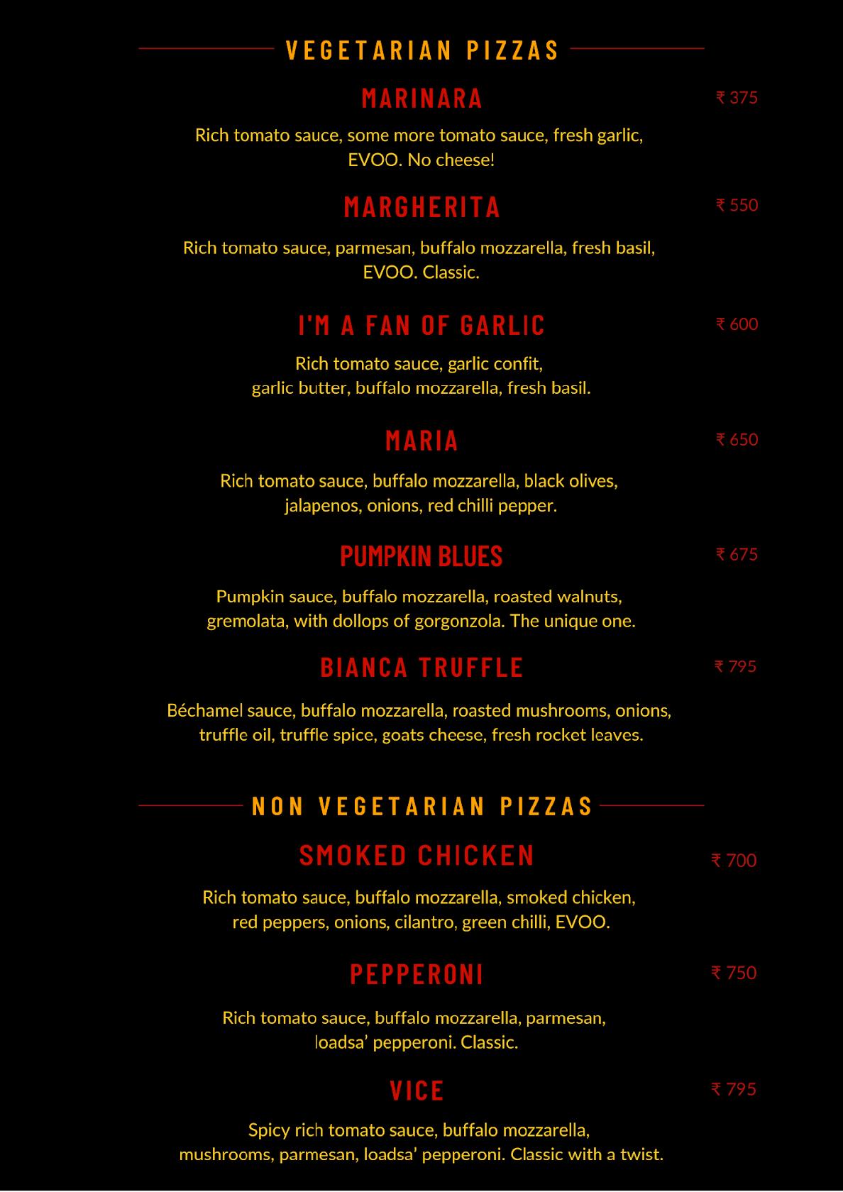 Menu at Pyros Pizza, New Delhi