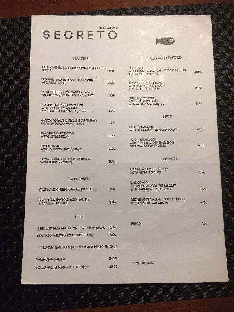 Menu at Restaurant Secret, Valencia, C/ de Sant Martí