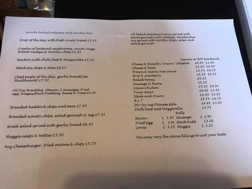 Menu at The Caledonian restaurant, Brechin