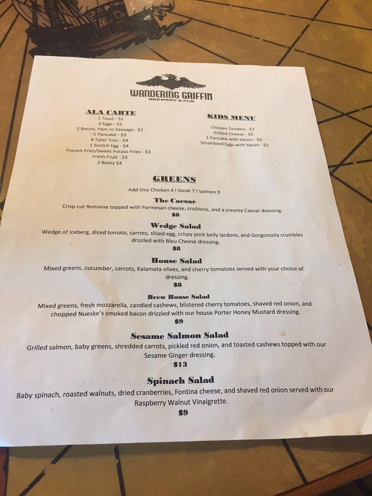 Menu at Wandering Griffin Brewery & Restaurant, Beavercreek