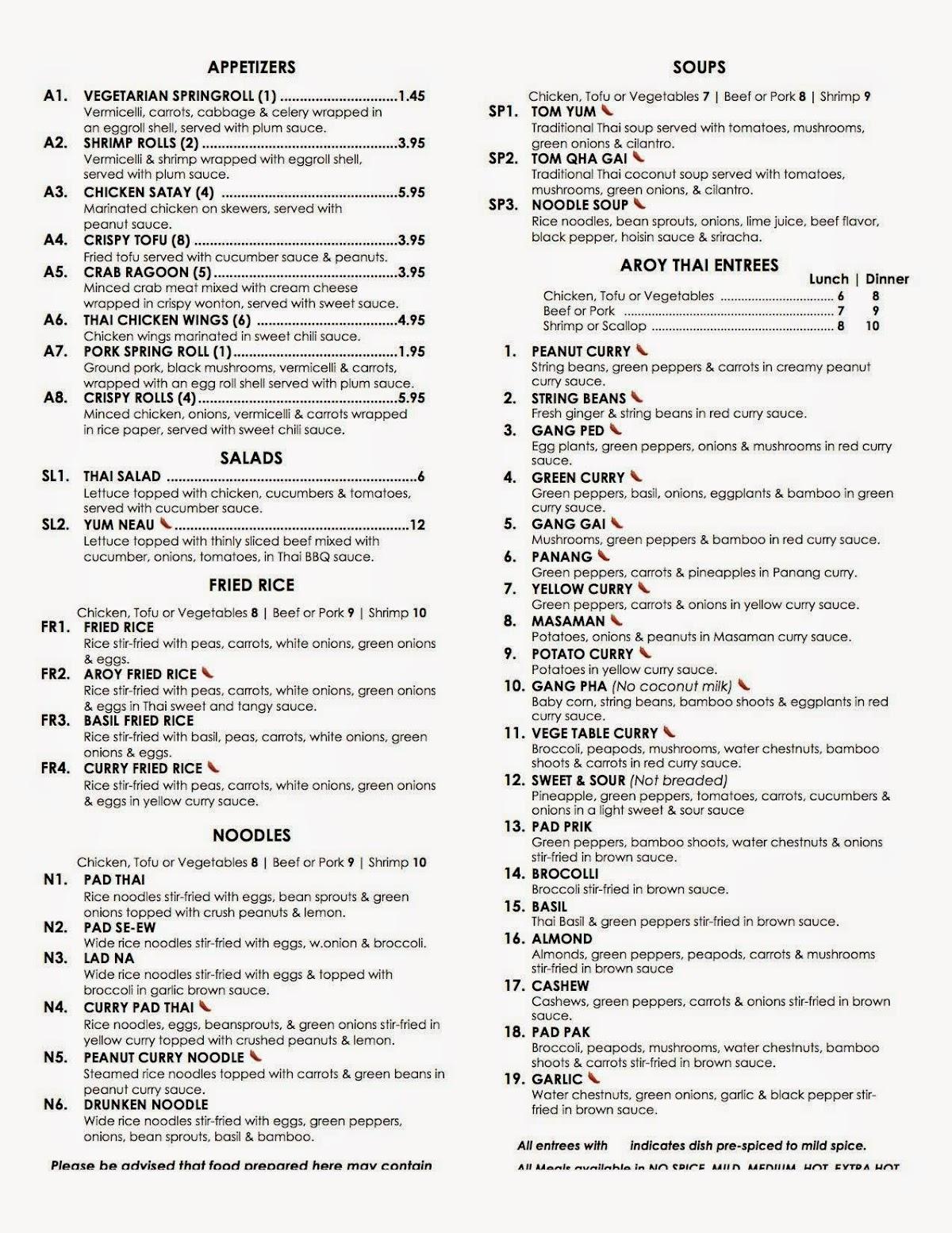 Menu at Aroy Thai restaurant, Walker
