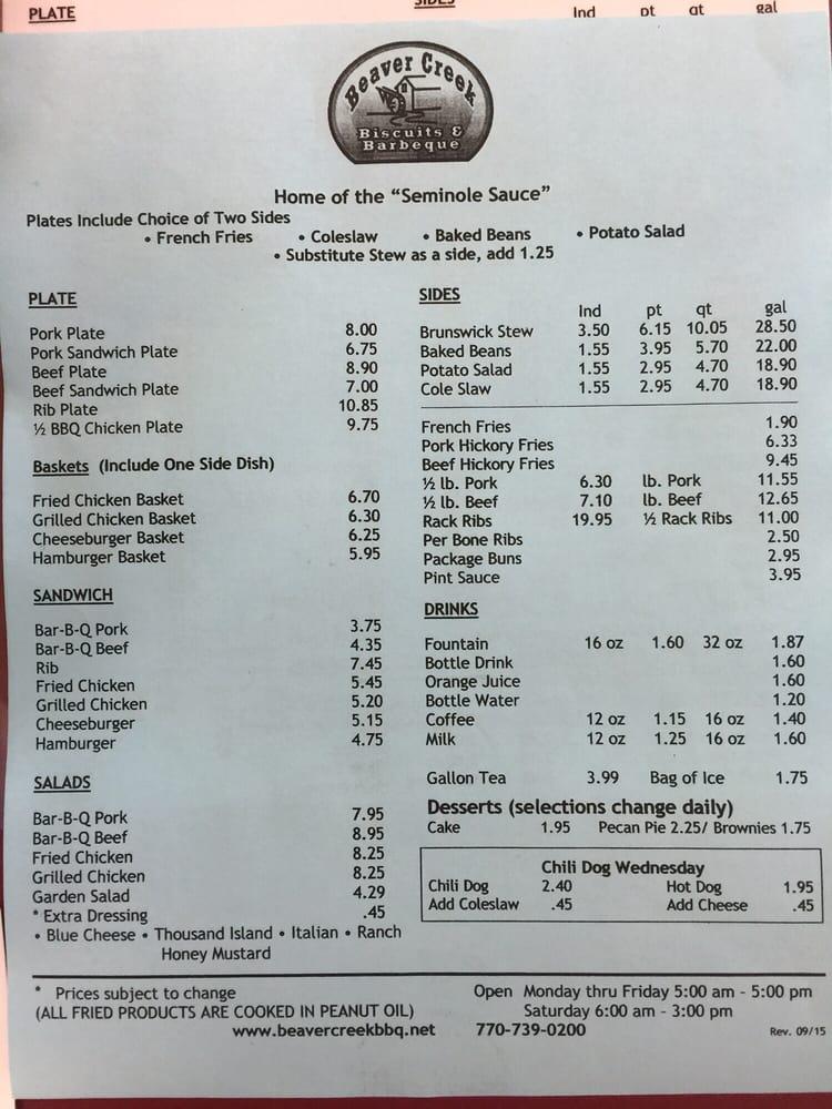 Menu at Beaver Creek Biscuit Company and Barbecue, Lithia Springs