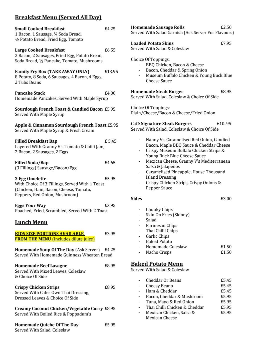 Menu at Cafe at the museum, Belfast