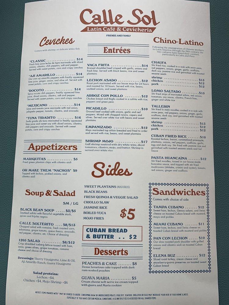 Menu at Calle Sol Latin Café & Cevicheria pub & bar, Charlotte
