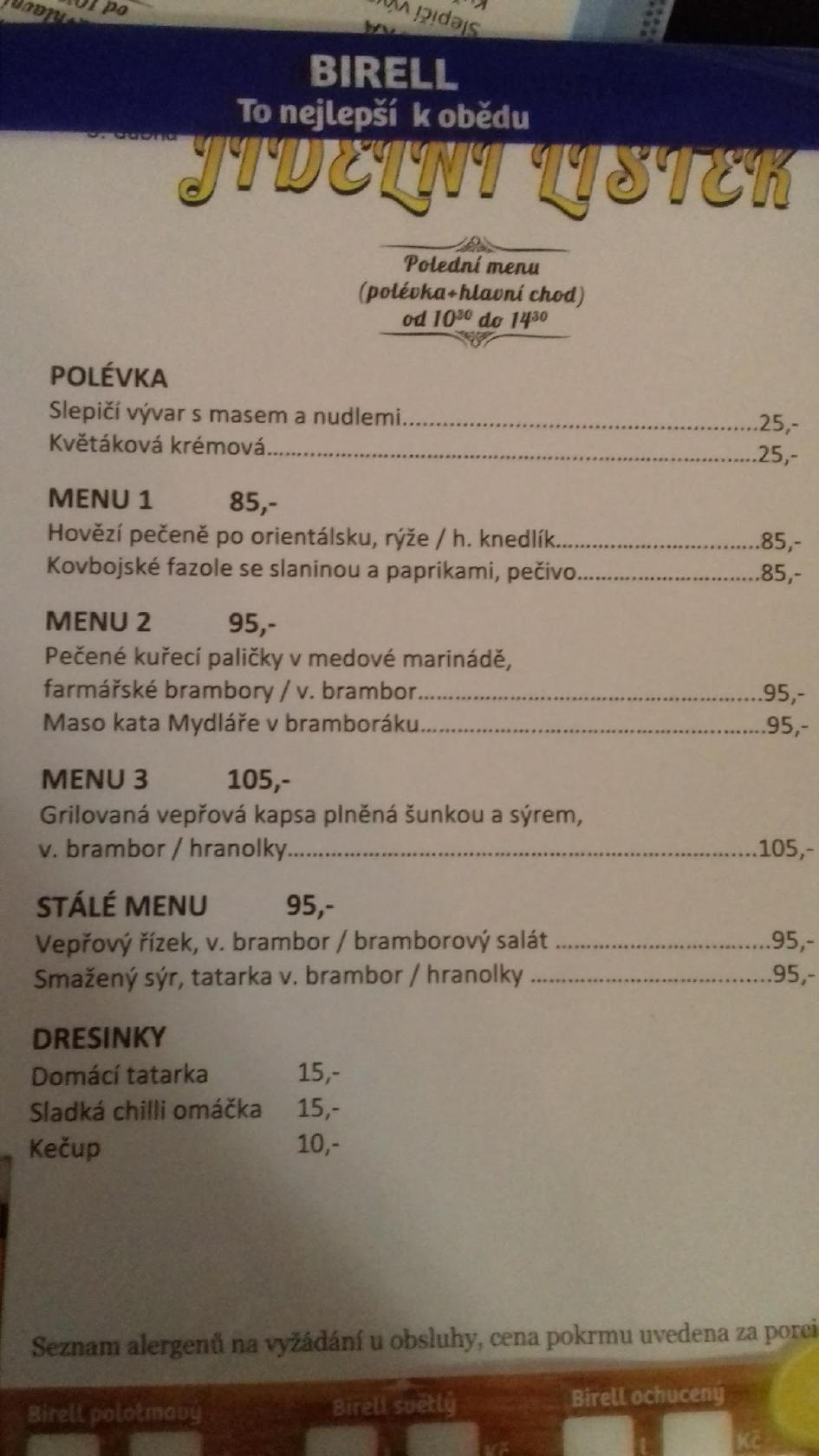 Menu at Hospoda Pod Kostelem restaurant, Jarošov nad Nežárkou