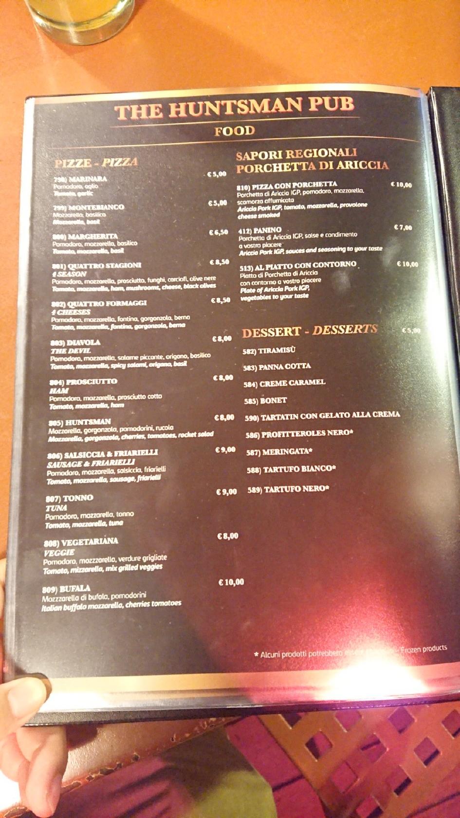 Menu at Huntsman Pub, Turin