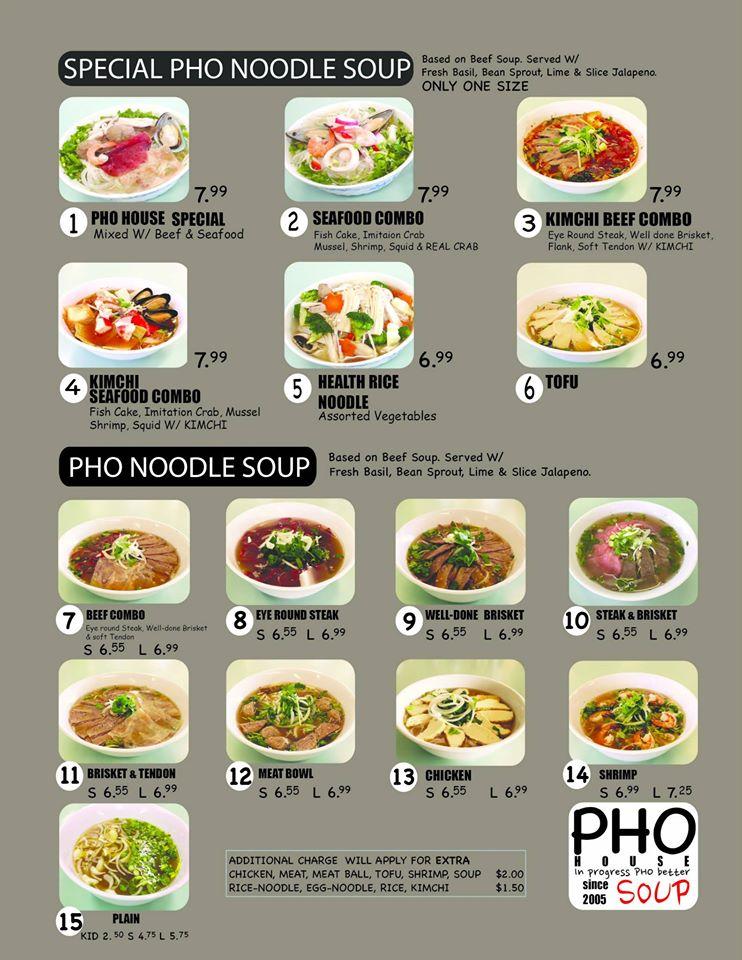 Menu at Pho House Vietnamese Restaurant, Lawndale