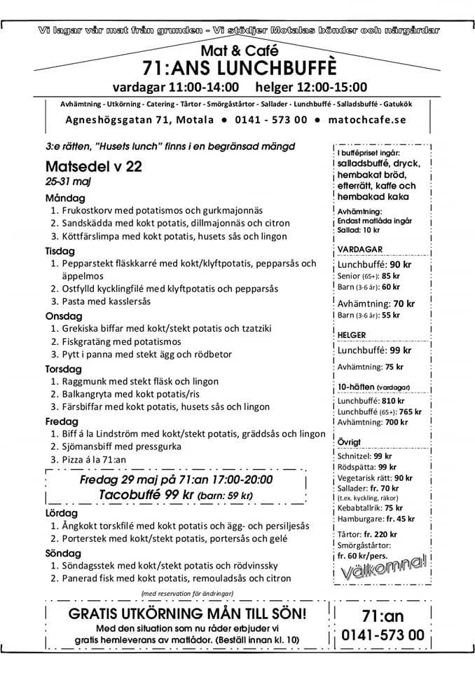 Menu at Resturang 71 restaurant, Motala