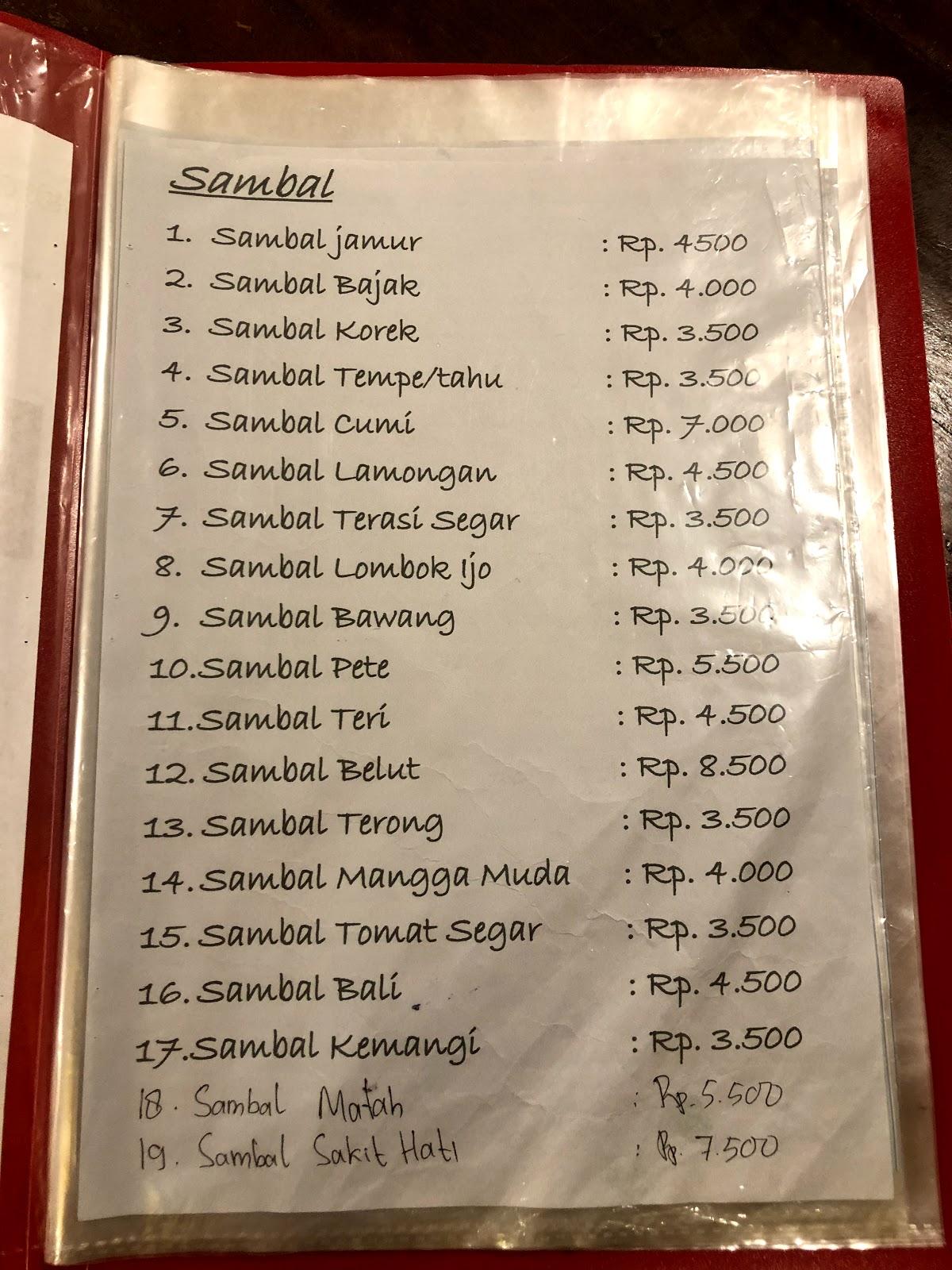 Menu at Serba sambal taman sari restaurant, West Jakarta