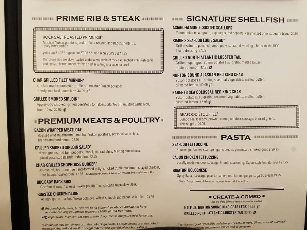 Menu at Simon & Seafort's Saloon & Grill steakhouse, Anchorage