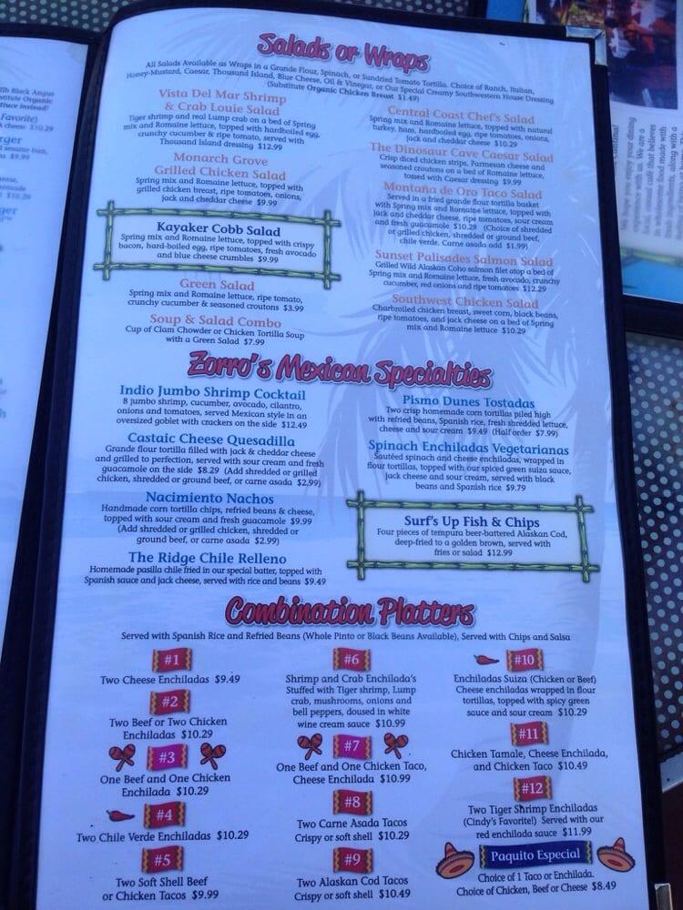 Menu at Zorro's Cafe & Cantina, Pismo Beach