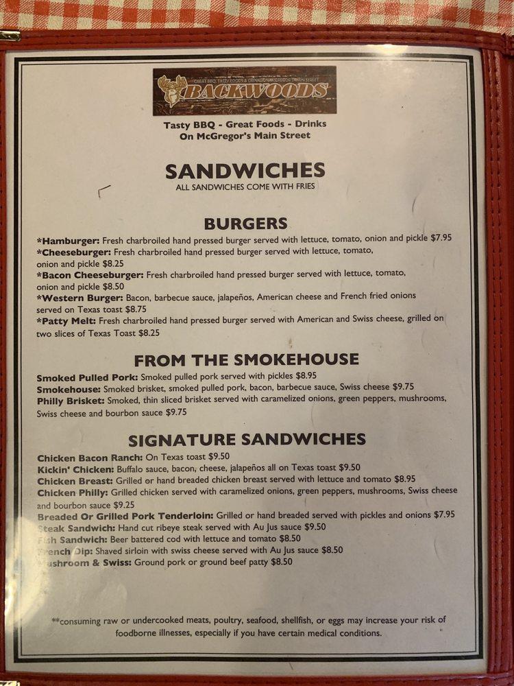 Menu at Backwoods Bar & Grill, McGregor