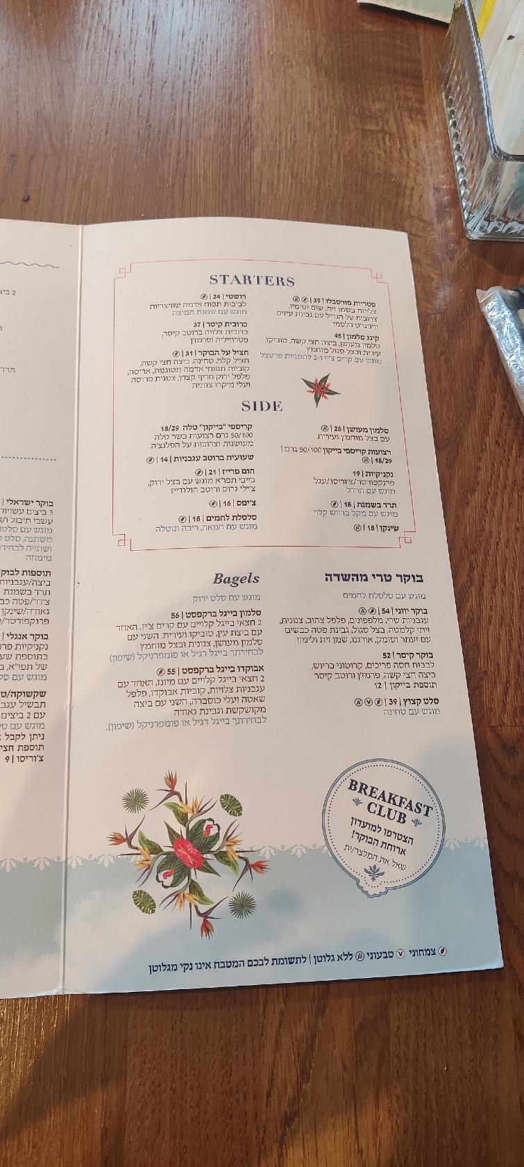 Menu at Benedict restaurant, Haifa