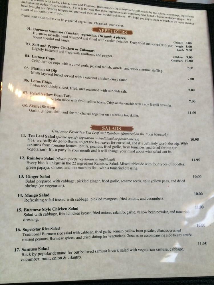 Menu at Burma Superstar restaurant, Alameda