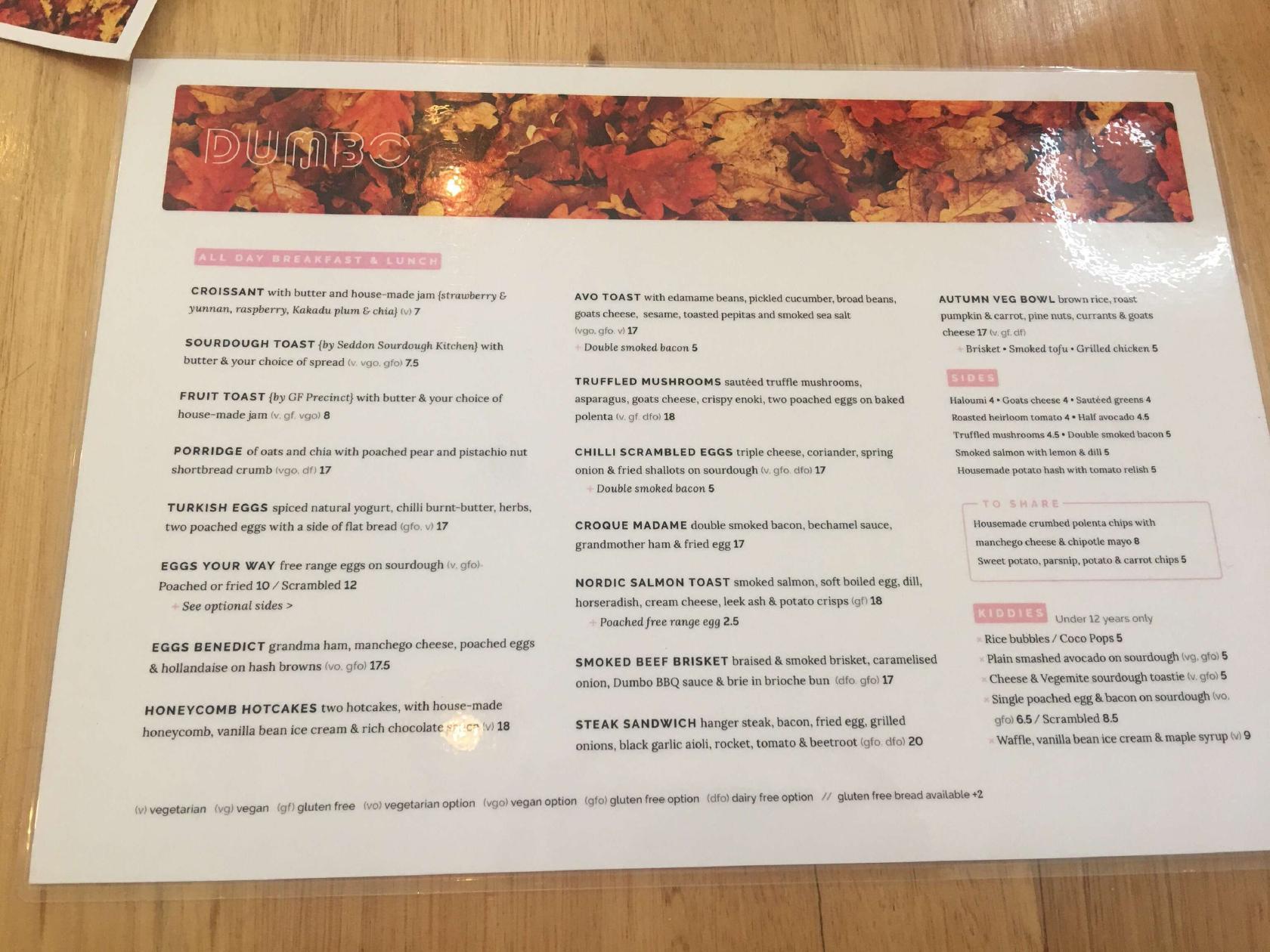 Menu at Dumbo cafe, West Footscray