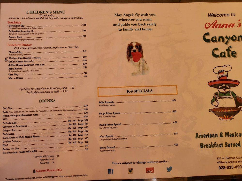 Menu at Grand Canyon Coffee and Cafe, Williams
