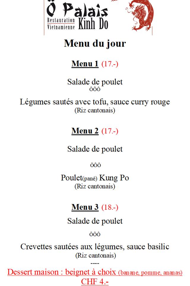 Menu at Ô Palais Kinh Do, Sion