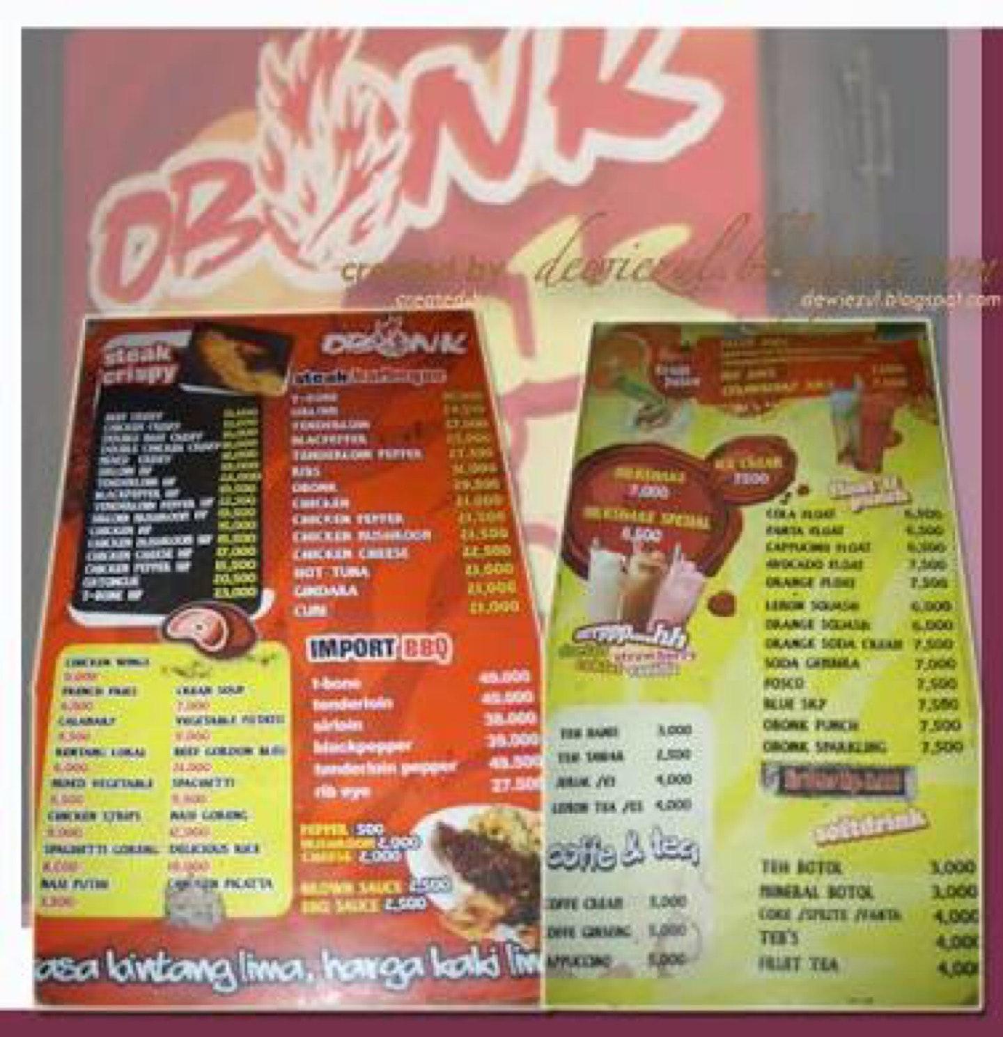Menu at Obong steak bumijo steakhouse, Yogyakarta