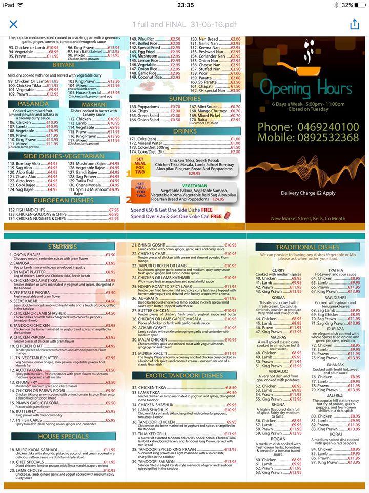Menu at Tandoori Night, Kells restaurant, Kells, New market street