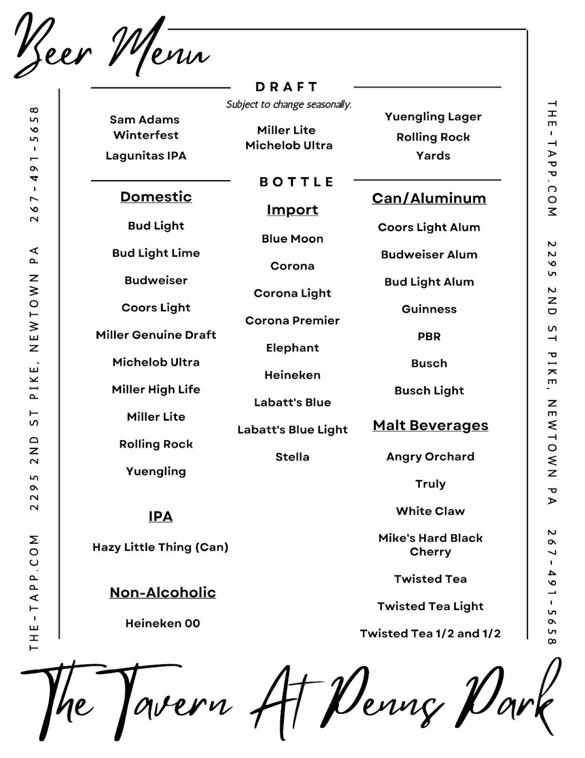 Menu at The Tavern At Penns Park pub & bar, USA