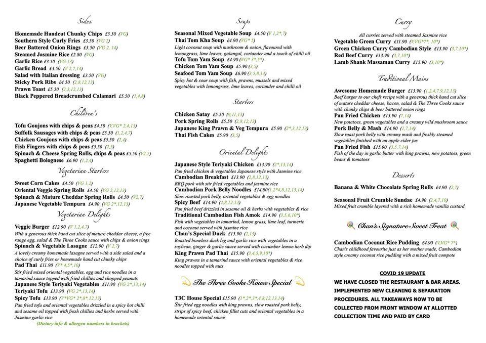 Menu at The Three Cooks restaurant, Bungay