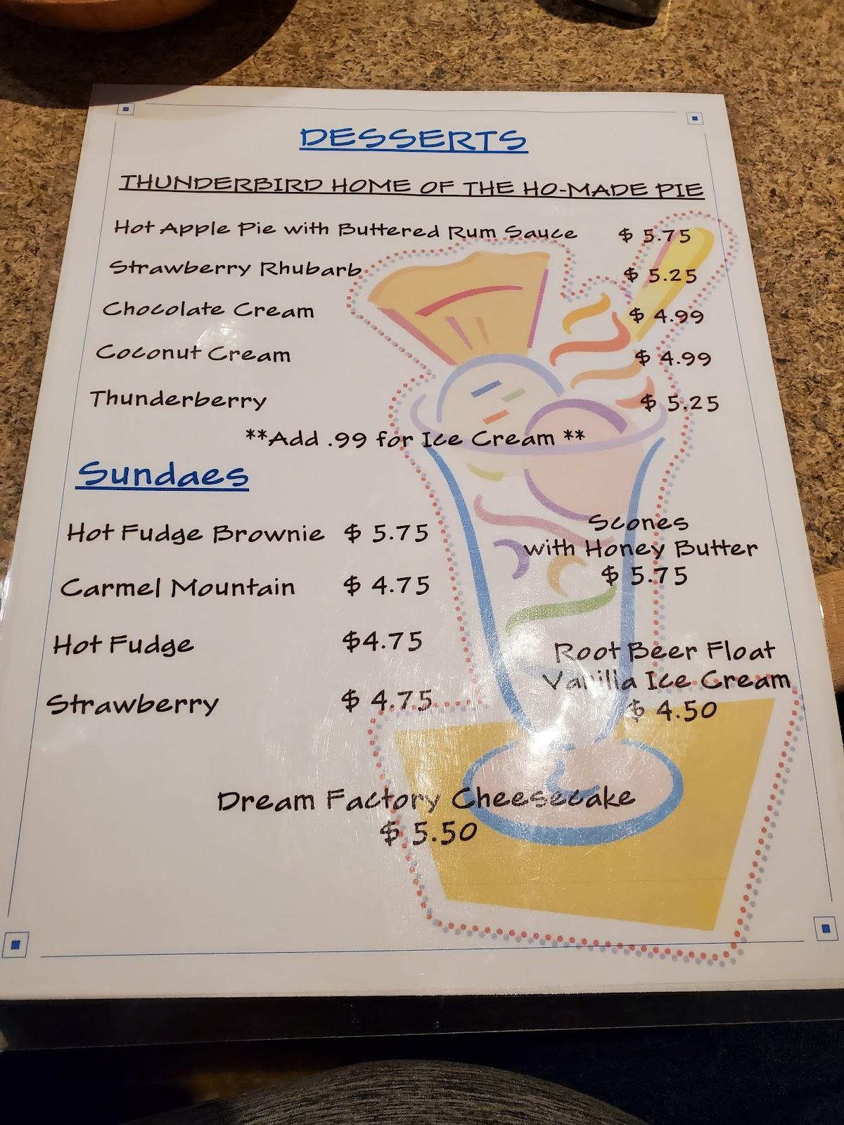 Menu at Thunderbird Restaurant, Orderville, State St