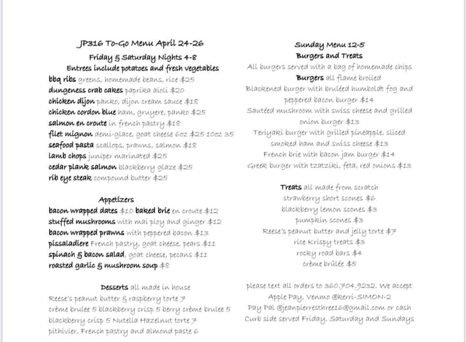 Menu at jean-pierre's three16 restaurant, Tumwater