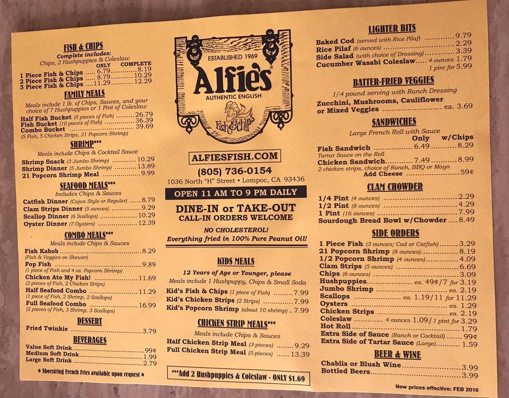 Menu at Alfie's Fish & Chips restaurant, Lompoc