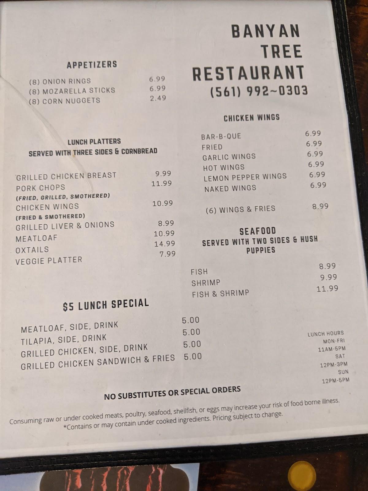 Menu at Banyan Tree Restaurant, Belle Glade