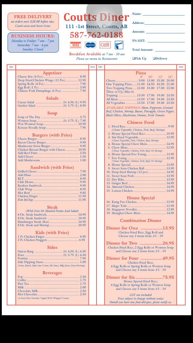 Menu at Hills of Home Cafe and BnB, Coutts